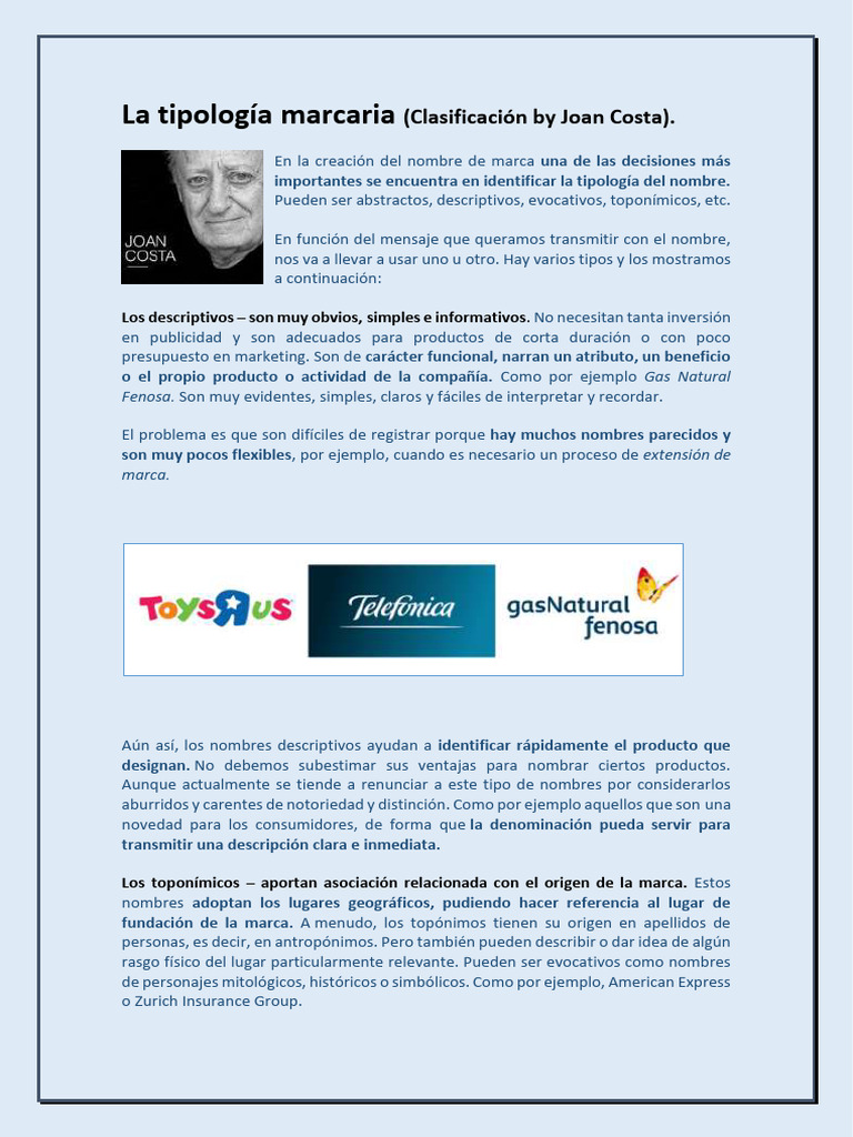 La Tipología Marcaria (Clasificación Joan Costa) | PDF | Marca | Publicidad