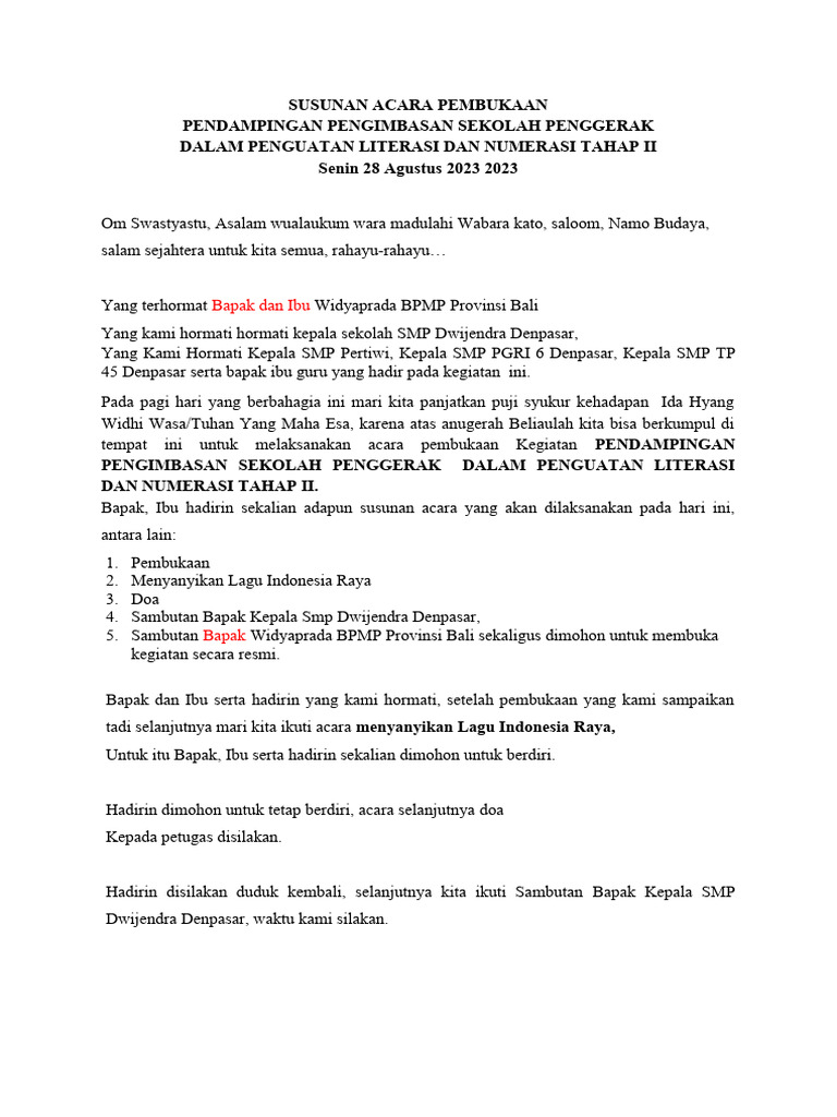 Susunan Acara Pembukaan Pendampingan Pengimbasan Litnum I | PDF | Seni & Disiplin Bahasa