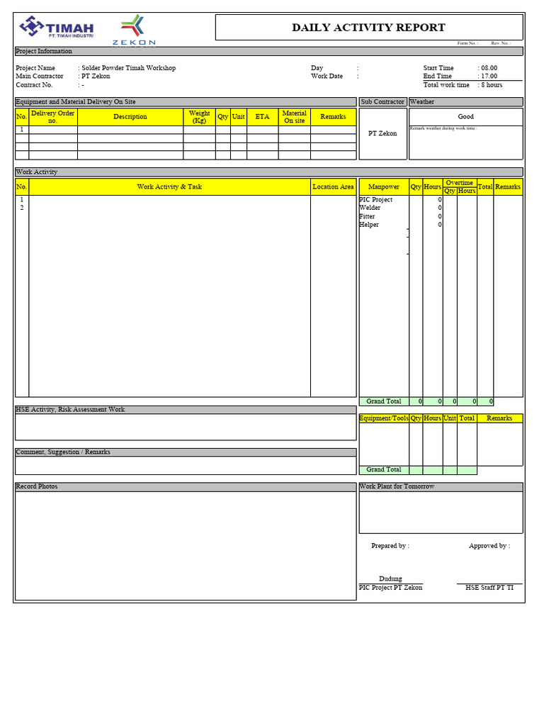 Form Laporan Daily Report Project | PDF