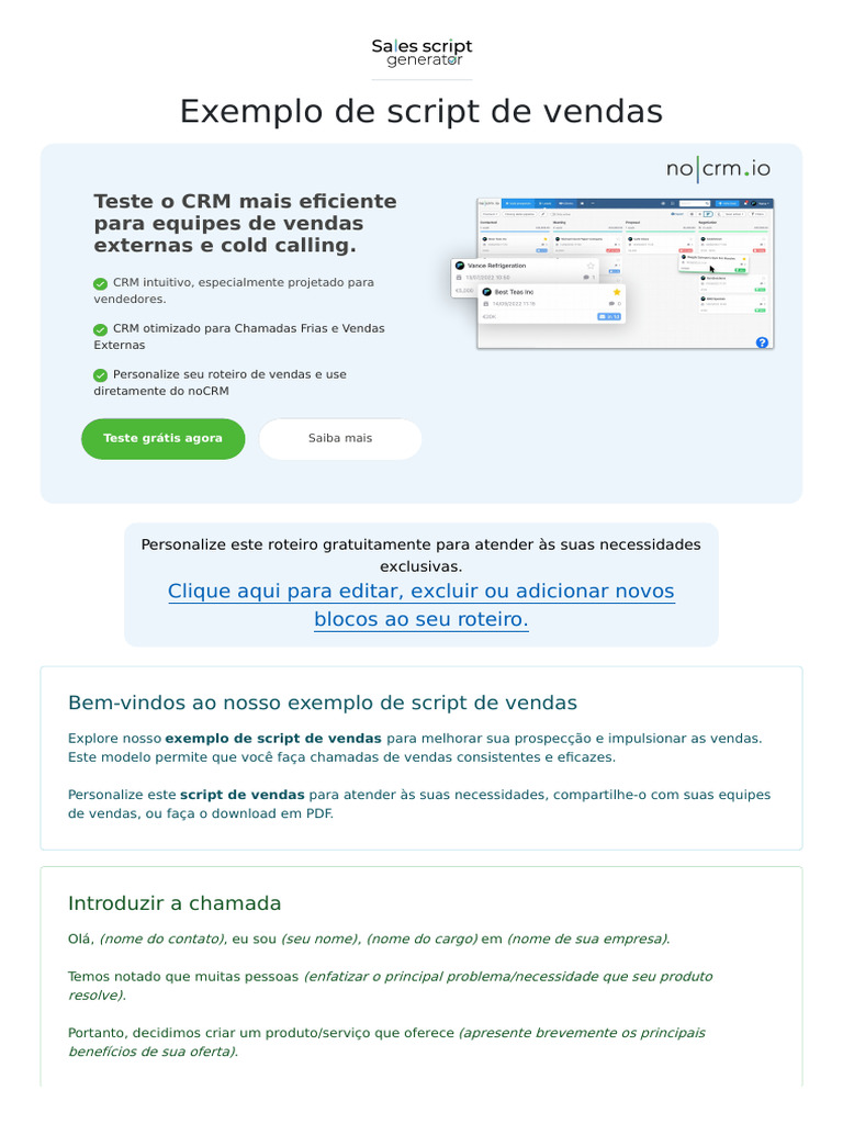 Script de Vendas Exemplo | Download grátis PDF | Gestão de relacionamento com o cliente