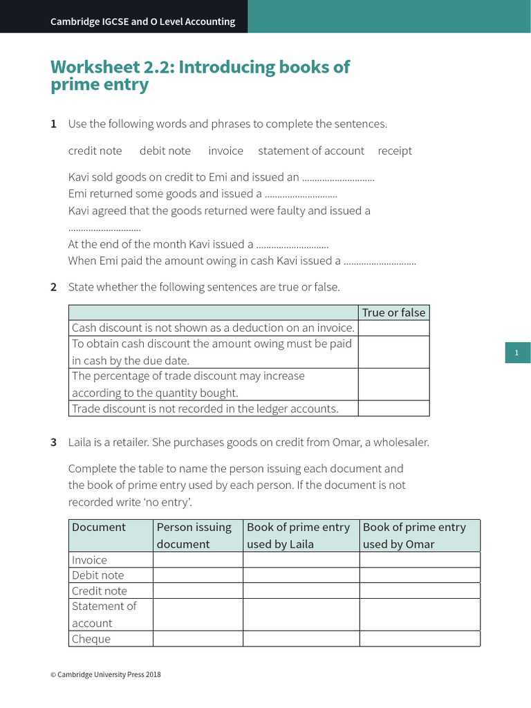 Books of Prime Entry Worksheet | PDF | Debits And Credits | Financial ...