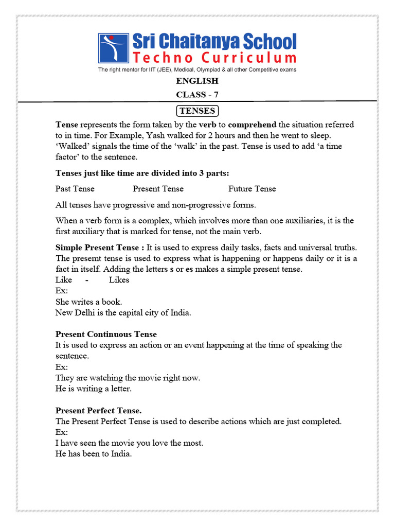 Cbse English Class Vii - Tenses | Download Free PDF | Grammatical Tense ...