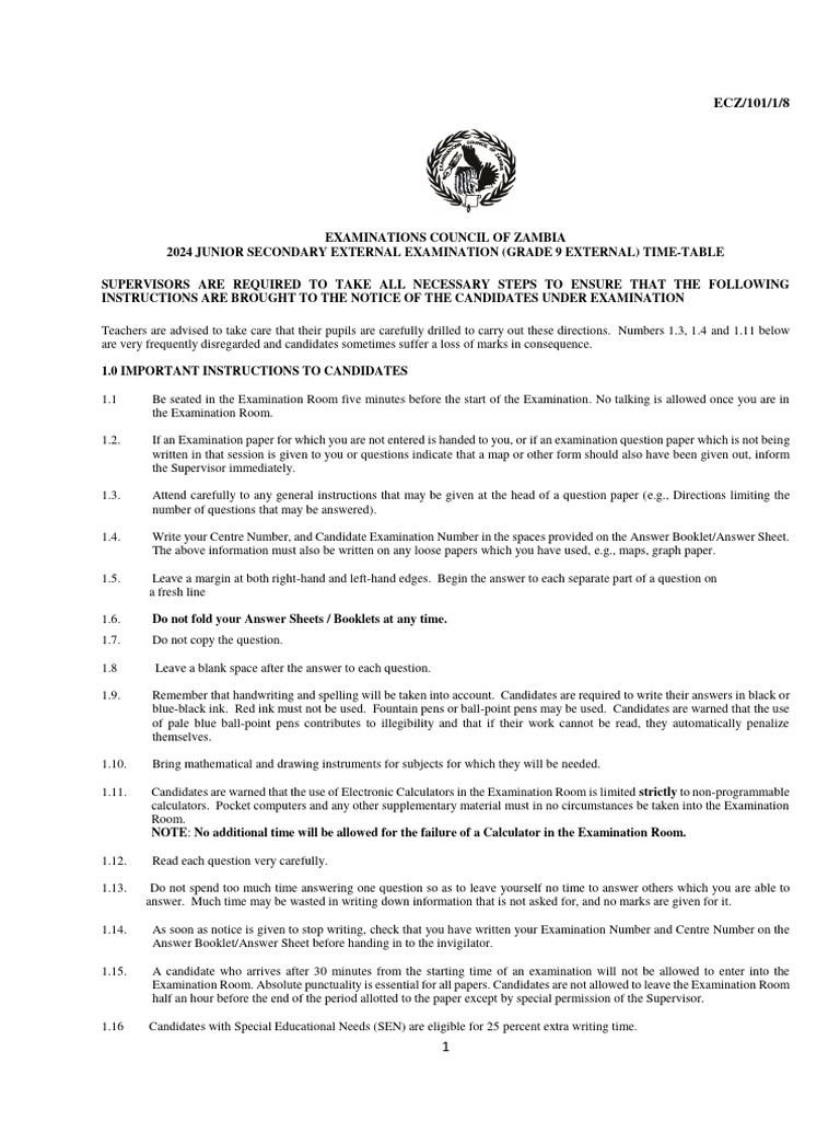 Grade 9 External Exam Timetable 2024 | PDF