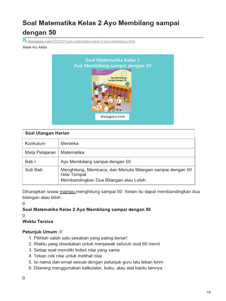 Soal Matematika Kelas 2 Ayo Membilang Sampai Dengan 50 | PDF