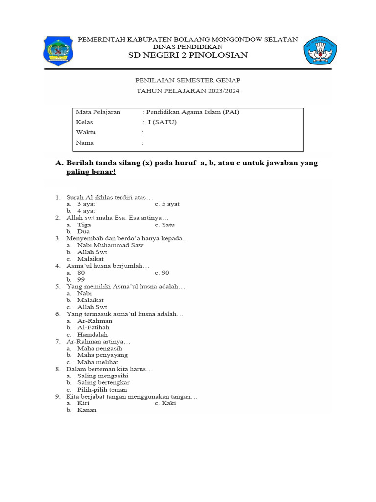 Soal Pas Kelas 1 | PDF