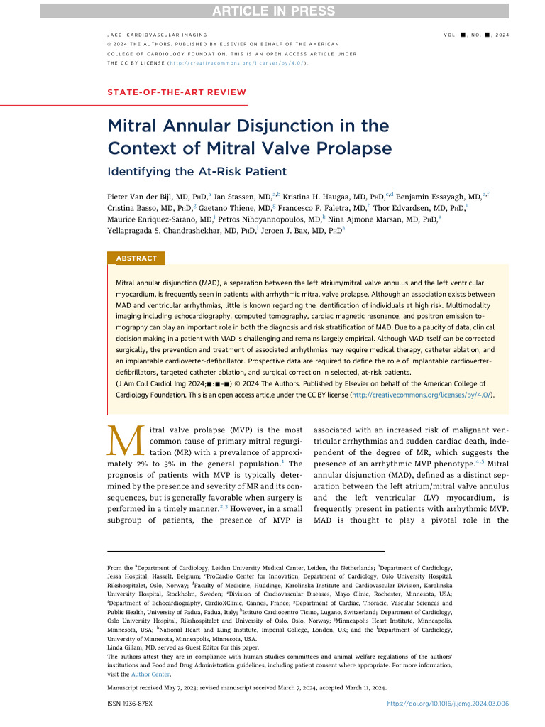 Van Der Bijl Et Al 2024 Mitral Annular Disjunction in The Context of ...
