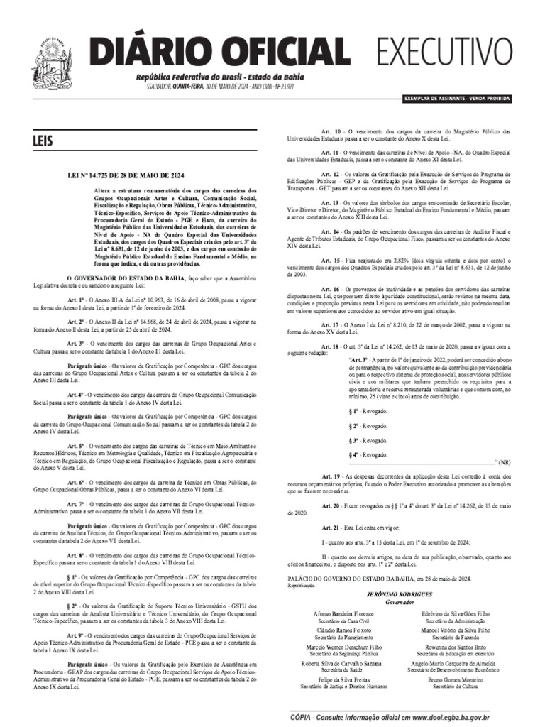 Diário Oficial Do Estado Da Bahia - Ano - 108 - Numero - 23921-1 | PDF