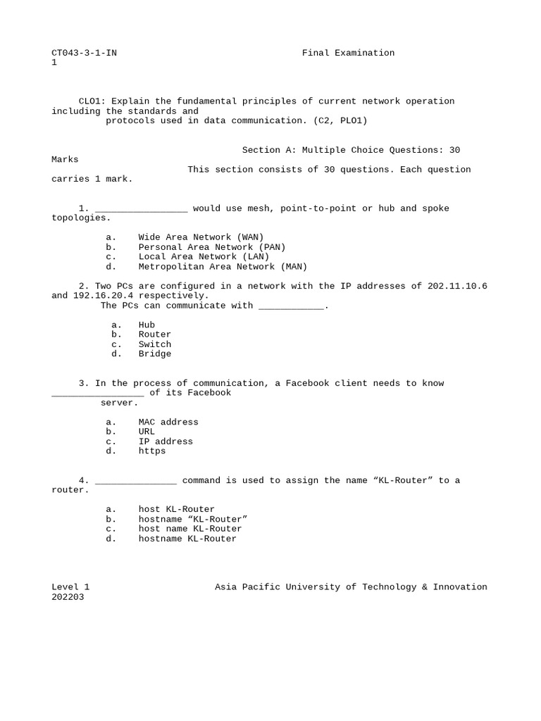 Final Exam IN Sample Questions | PDF | Computer Network | Ip Address