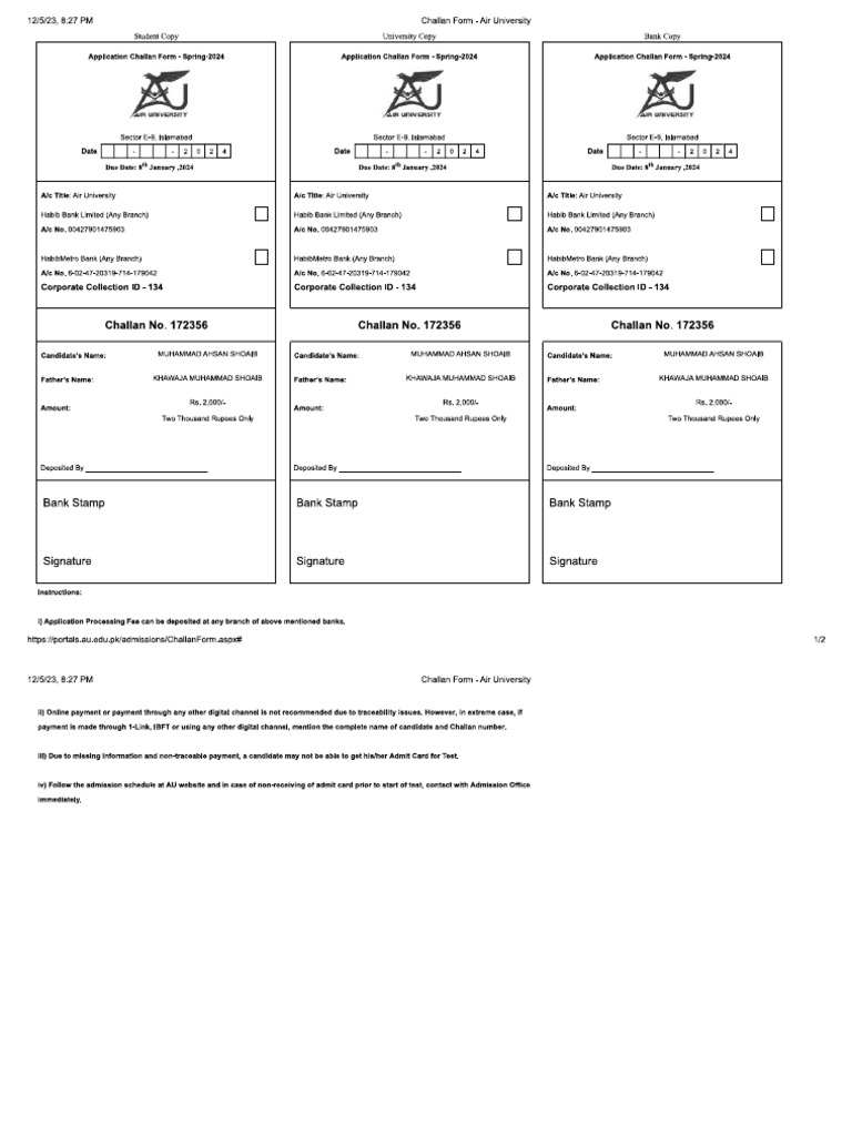 Air University Challan Form Pdf
