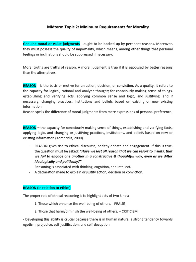 Midterm Topic 2 Minimum Requirements For Morality | PDF | Reason | Morality