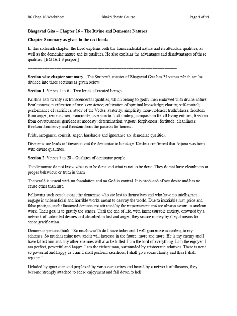 BG 16 Worksheet (Instructor) | PDF | Bhagavad Gita