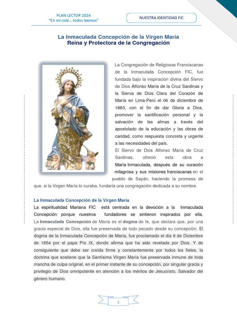 plan Lector La Inmaculada Concepción | Descargar gratis PDF | María, madre de Jesús | Creencia ...