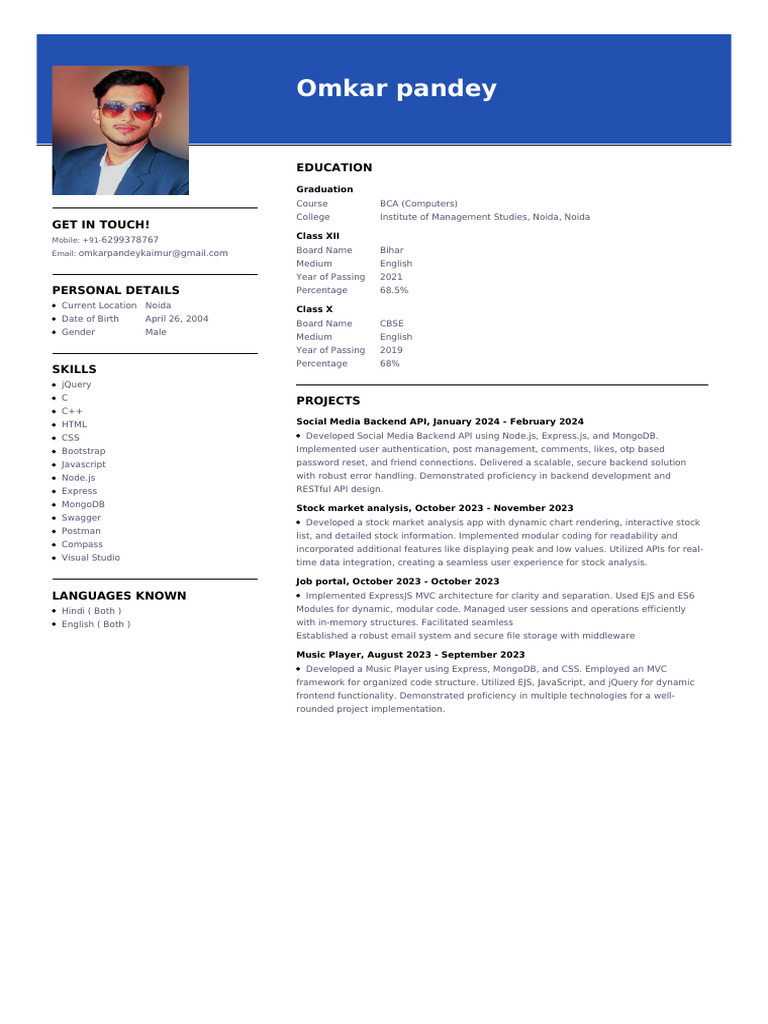 Omkar_pandey_Resume (3) | PDF | J Query | Java Script