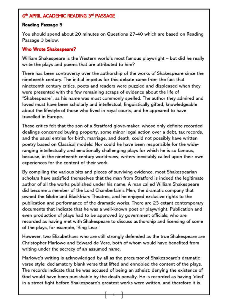 6th April ACADEMIC READING PASSAGE#3 | PDF | Shakespeare's Sonnets ...
