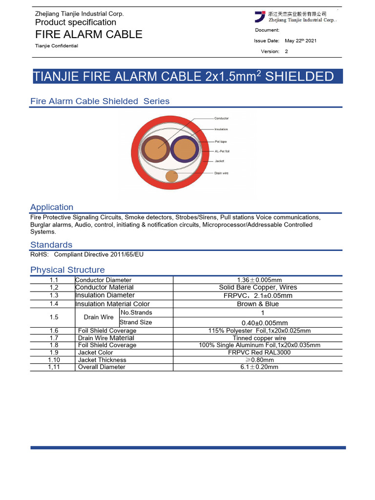 Tianjie 2x1.5mm Fire Alarm Cable Specs | PDF | Wire | Electrical Conductor