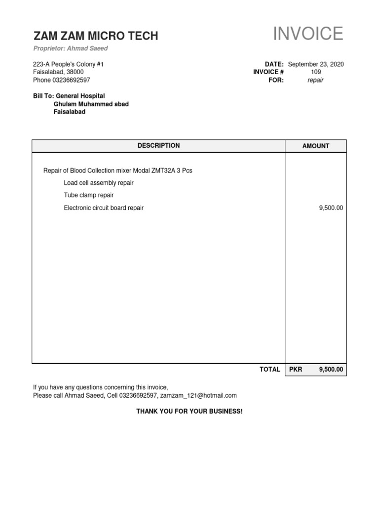Blood Mixer Repair Invoice | PDF