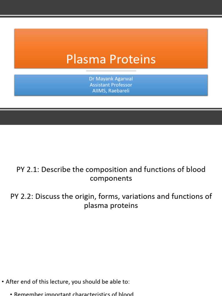 Lecture 1 Plasma proteins | PDF | Blood Plasma | Blood