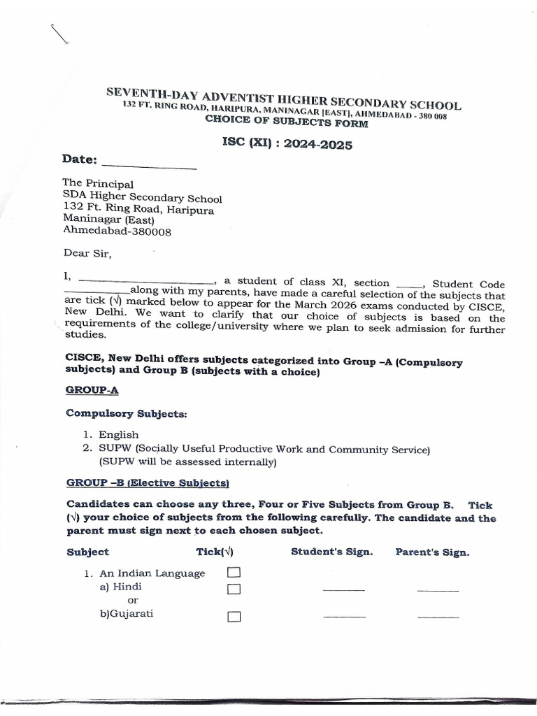 Isc (Xi) Registration Form 2024-25 | PDF
