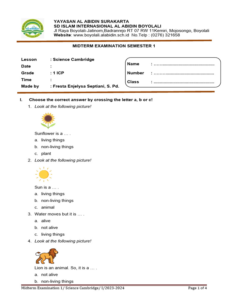 Cambridge Science Midterm Exam Grade 1 | PDF | Plants | Flowers