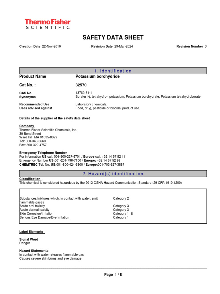 Potassium Borohydride 500g | PDF | Dangerous Goods | Superfund