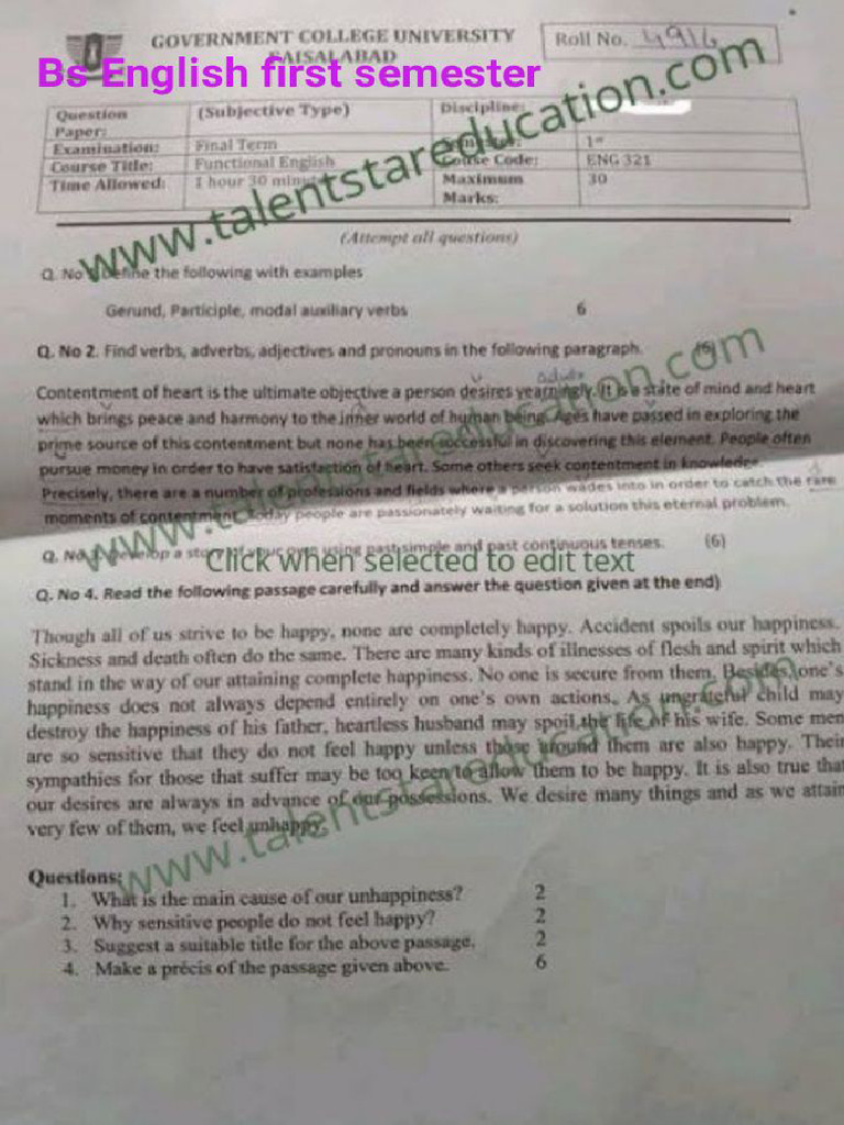 1St Sem - Bs English Past Papers | PDF