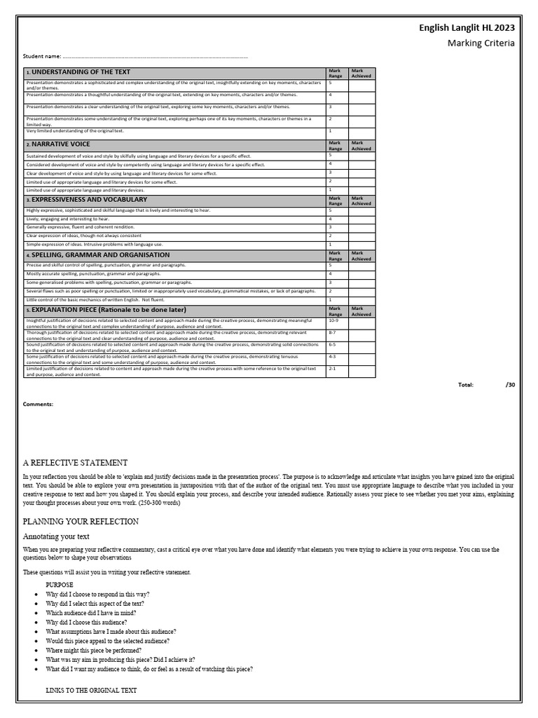 English Langlit HL 2023 Creative Assignment Rubric | PDF | Genre | Grammar