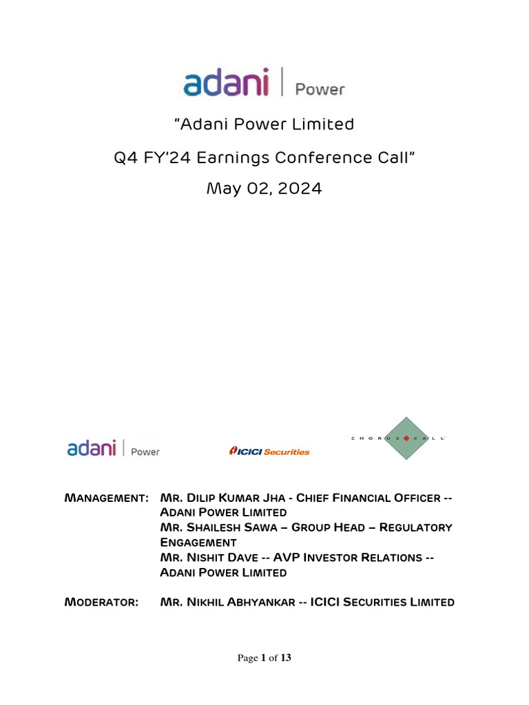 Adani Power Limited Q4 FY 2023-24 Analyst Call Transcript | PDF | Power Station | Renewable Energy