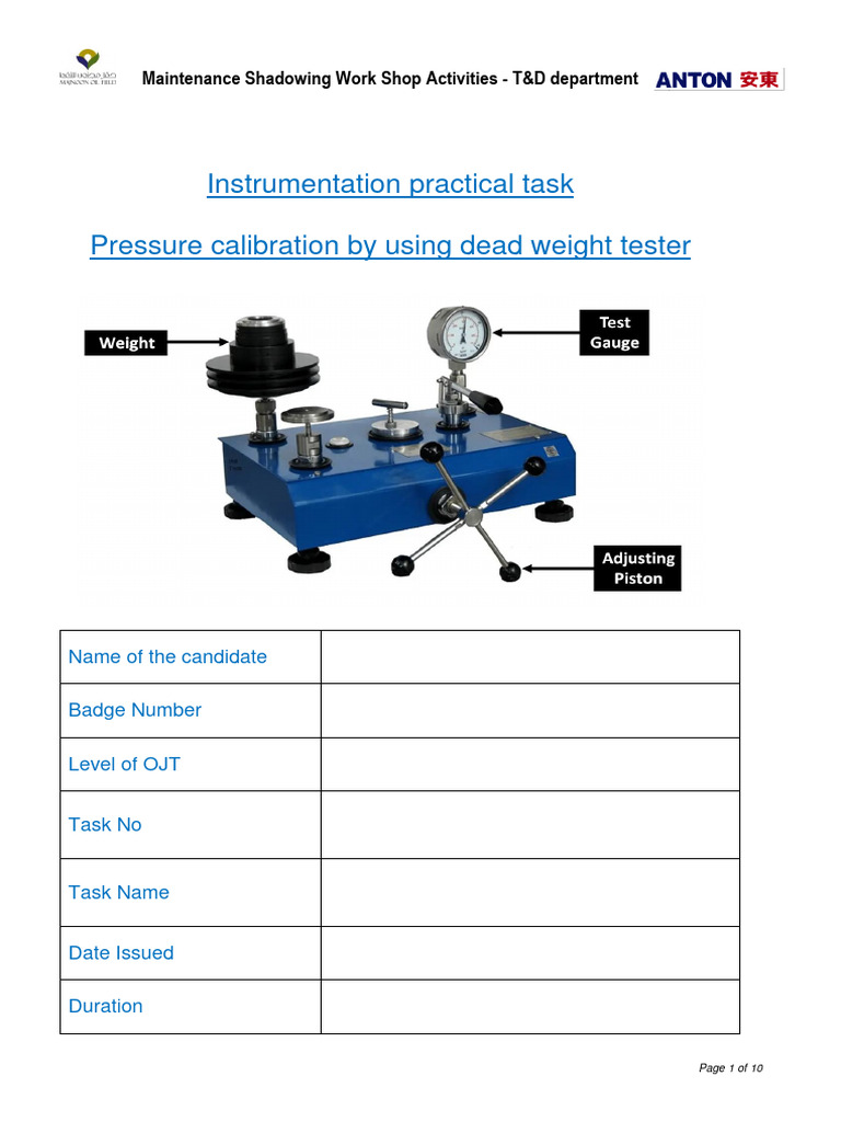 Pressure calibration by using dead weight tester | Download Free PDF ...