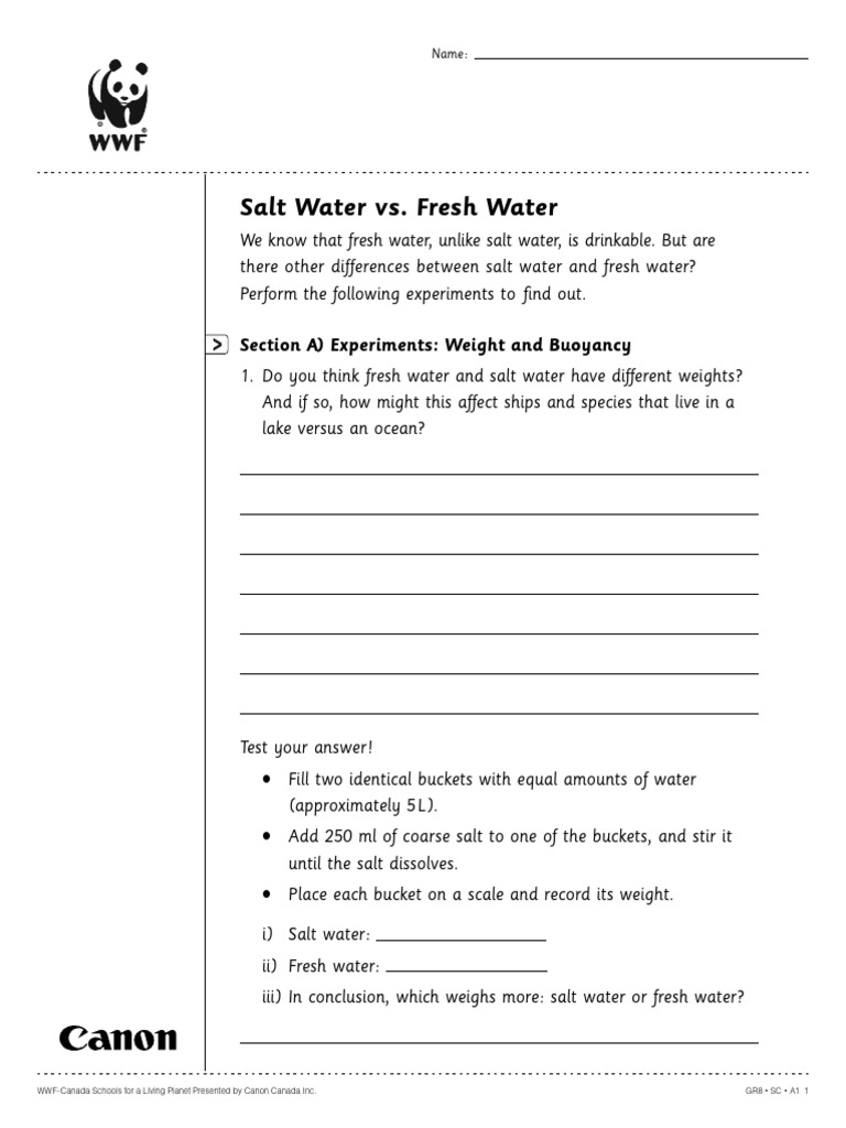 Salt Water vs. Fresh Water: Section A) Experiments: Weight and Buoyancy ...