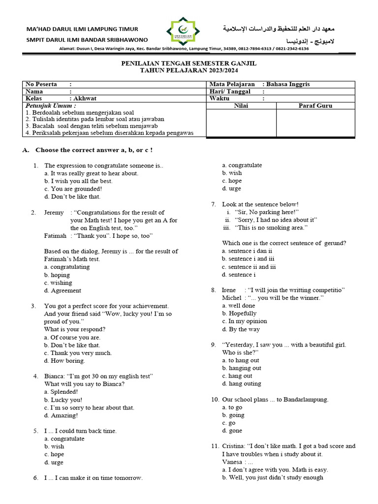 B.ingg - Akhwat - Soal PTS Ganjil 2023 | PDF