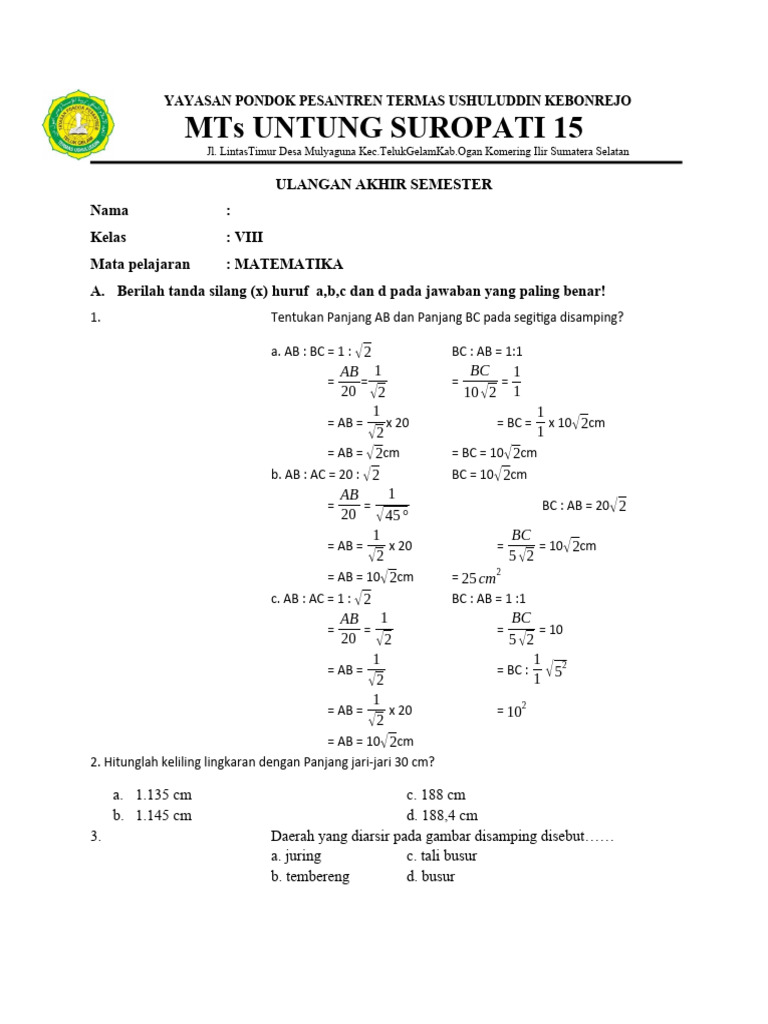 Soal Ujian MTK Kelas VIII | PDF
