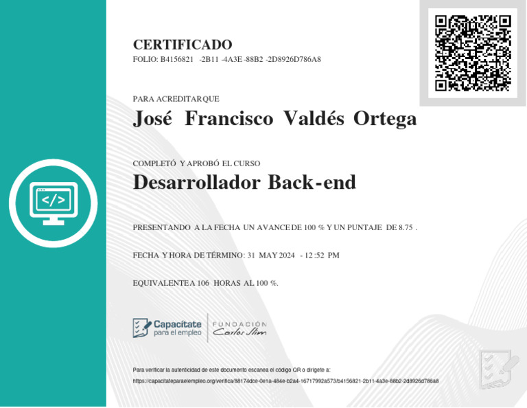 Desarrollador Back-End - Certificado - Curso | PDF | Informática