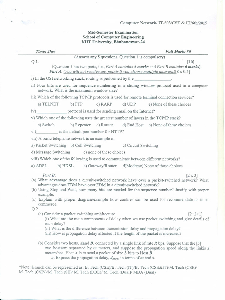6th Semester B.Tech, CS & IT, IT-603, Computer Network, Mid Semester - 2015 | PDF