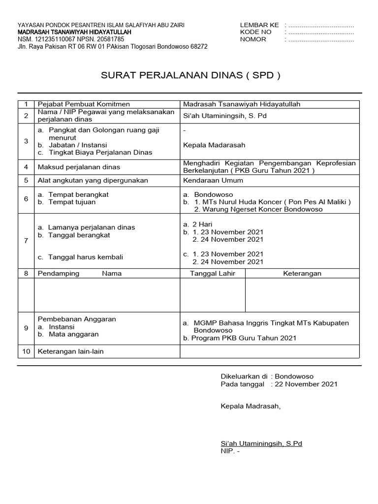 SPD Perjalanan Dinas MTs Hidayatullah | PDF
