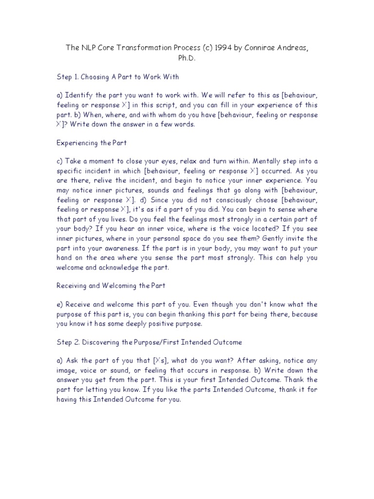 The NLP Core Transformation Process | PDF | Feeling | Subjective Experience