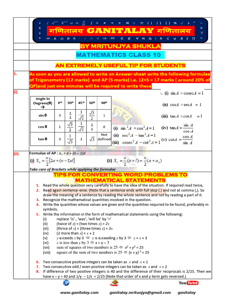 Extremely Useful Tips & Most Important Questions Maths 10 | PDF | Polynomial | Quadratic Equation