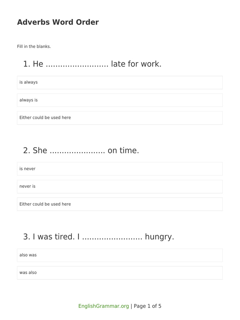 Adverbs Word Order Exercises | PDF