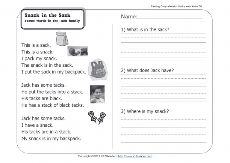 Snack in the Sack _ 1st Grade Reading Comprehension Week 4 | PDF
