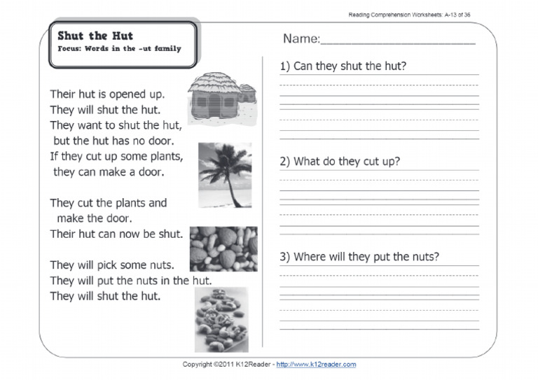 Shut The Hut - 1st Grade Reading Comprehension Worksheet WK 13 | PDF