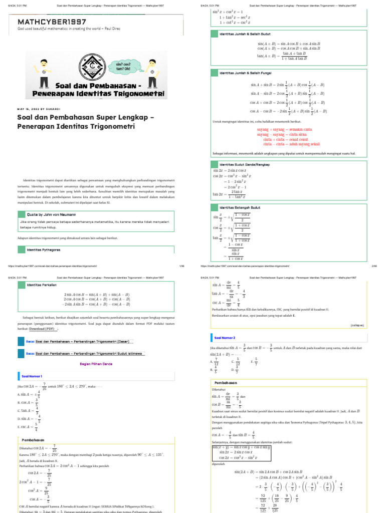 Soal Dan Pembahasan Super Lengkap - Penerapan Identitas Trigonometri - Mathcyber1997 | PDF