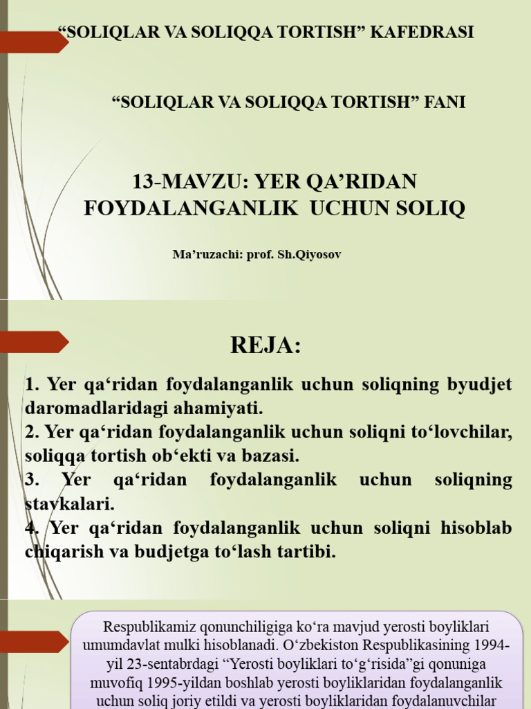 13-Mavzu. Yer Qa'Ridan Foydalanuvchilar Uchun Soliq | PDF