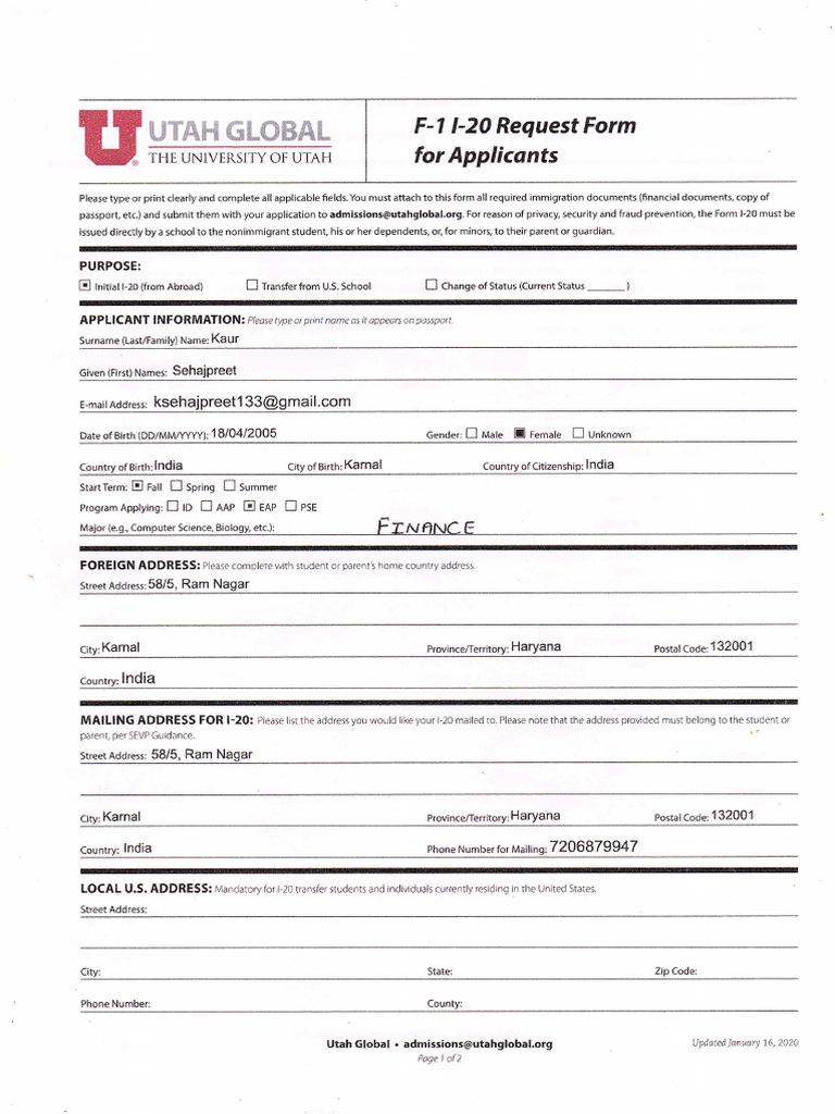 I20 - Form For Sehajpreet | PDF