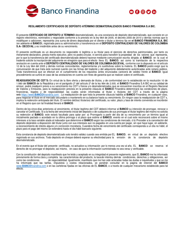 Reglamento CDT Desmaterializados Finandina | PDF | Bancos