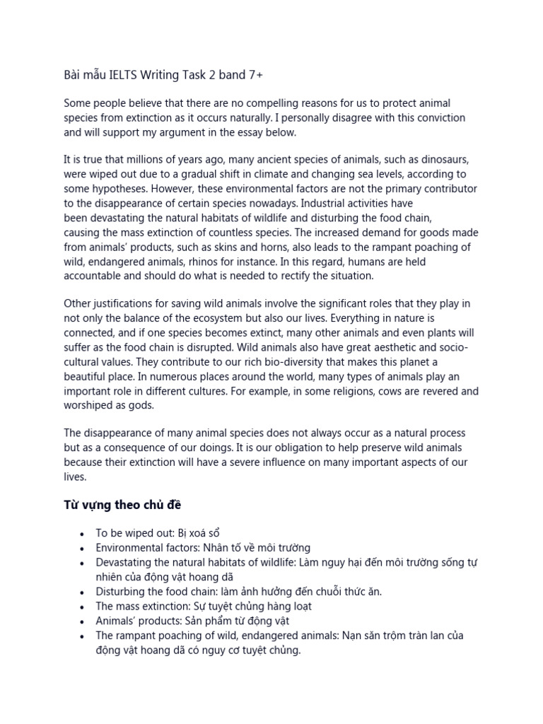 Bài mẫu IELTS Writing Task 2 band 7 | PDF | Extinction | Wildlife