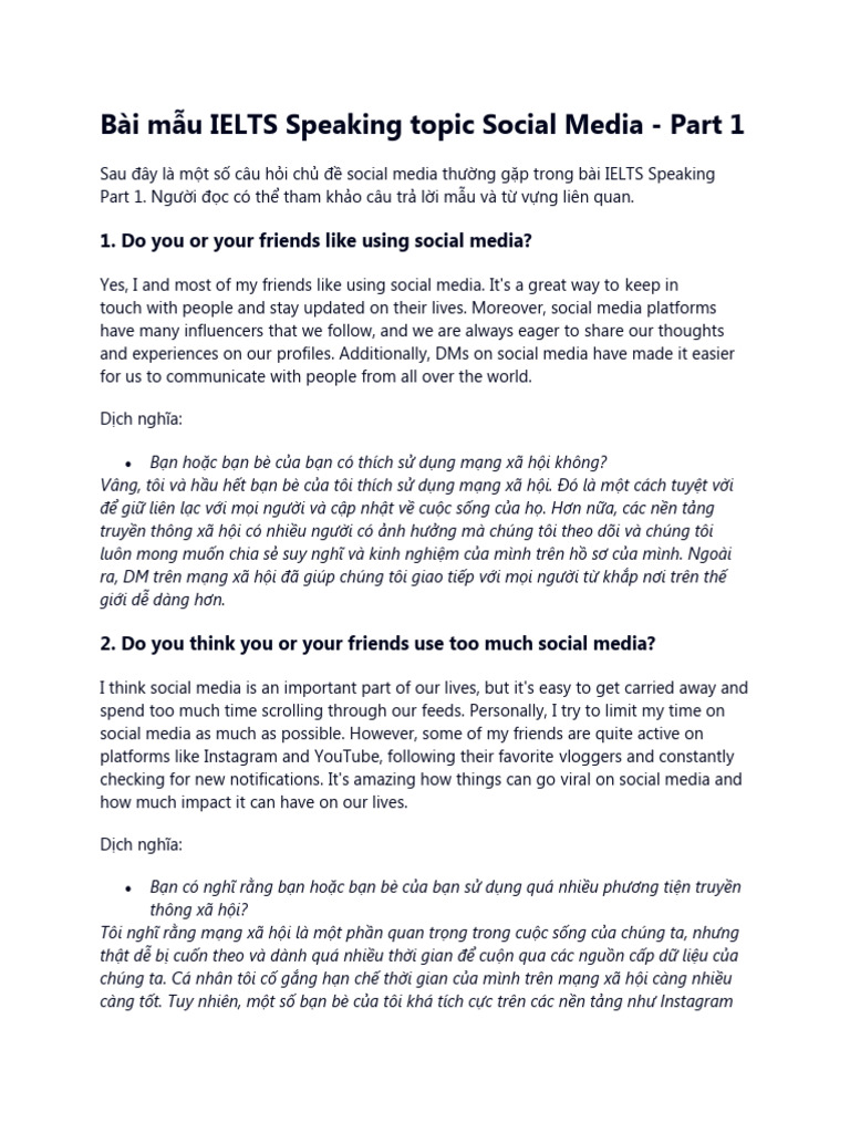 Bài mẫu IELTS Speaking topic Social Media - Part 1 | PDF