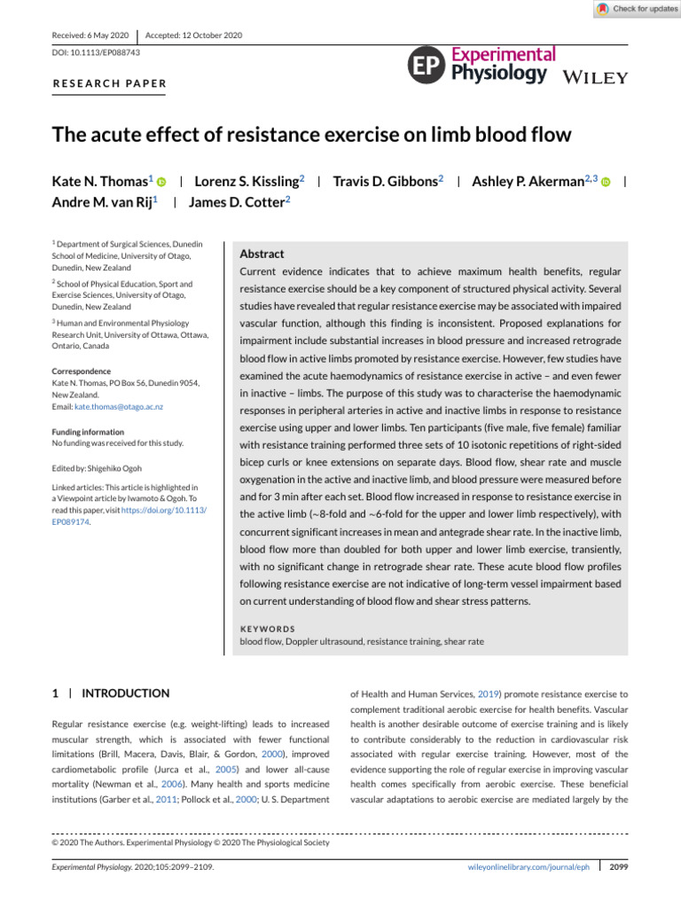 Thomas (2020) - The acute effect of resistance exercise on limb blood flow - Experimental ...