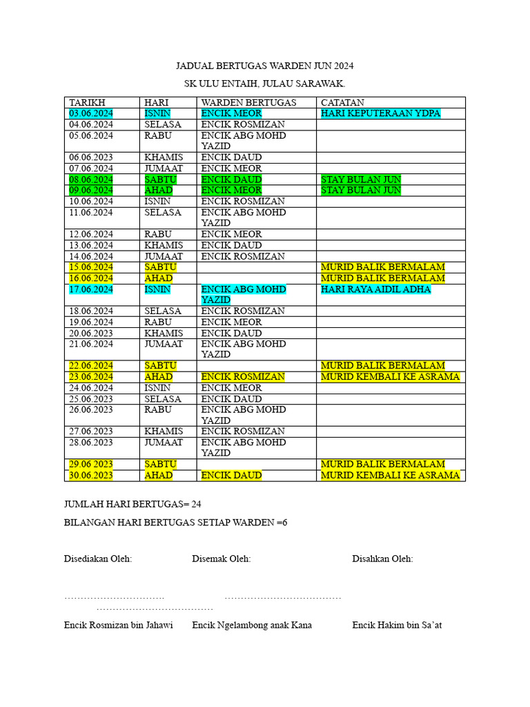 Jadual Bertugas Warden Jun 2024 | PDF