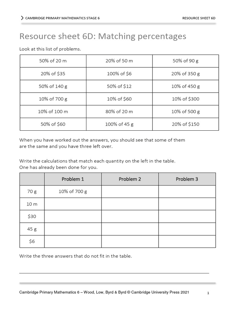 Resource Sheet 6D: Matching Percentages | PDF