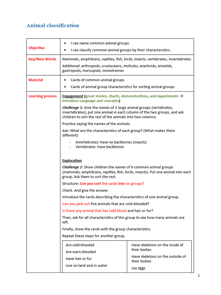 LESSON PLAN - Animal Classification | PDF | Invertebrate | Vertebrates