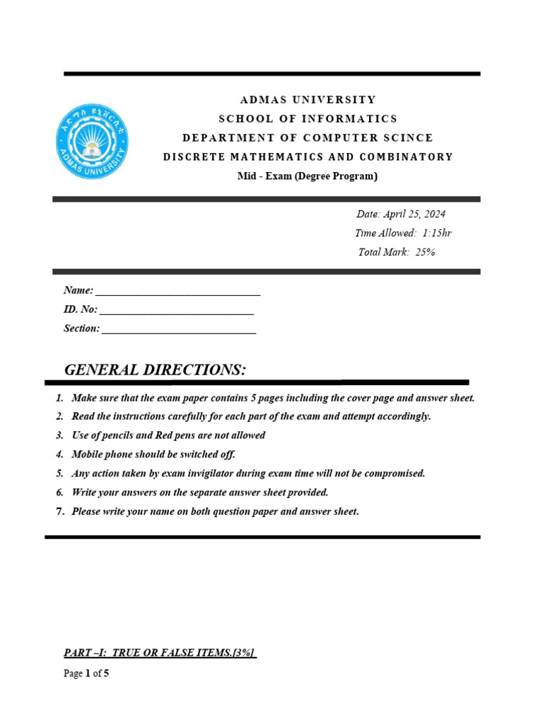 Discrete Mathematics Exam Paper 2024 | PDF | Probability Distribution ...
